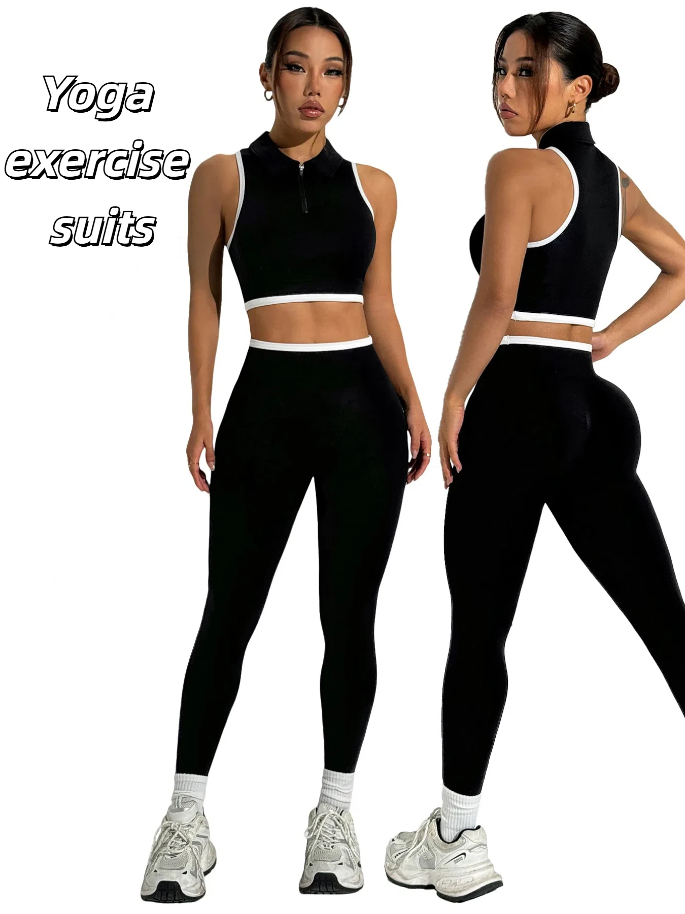 Yoga Clothing Set Women's High Waisted Leggings and Zipper Top Two ...