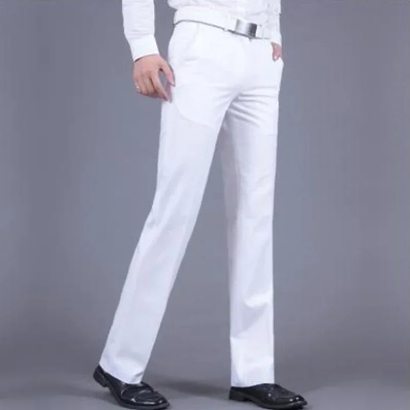 Slim Fit Male Suit Trousers Tressed Polyester White Men's Summer Pants ...
