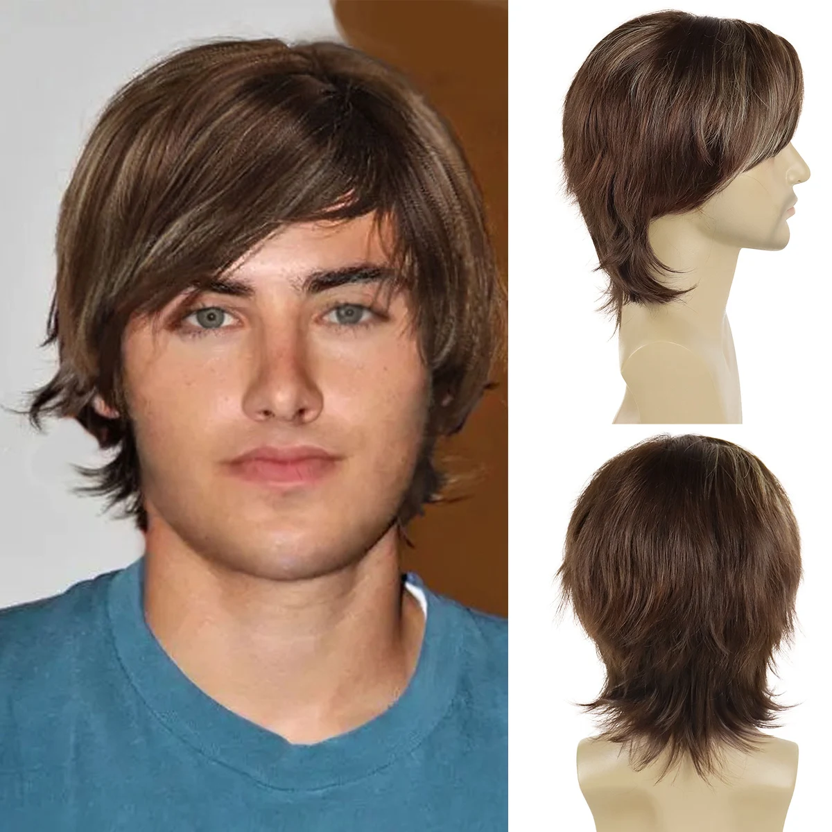 GNIMEGIL Synthetic Mullet Head Wig Natural Brown Wig for Man Boys Short ...
