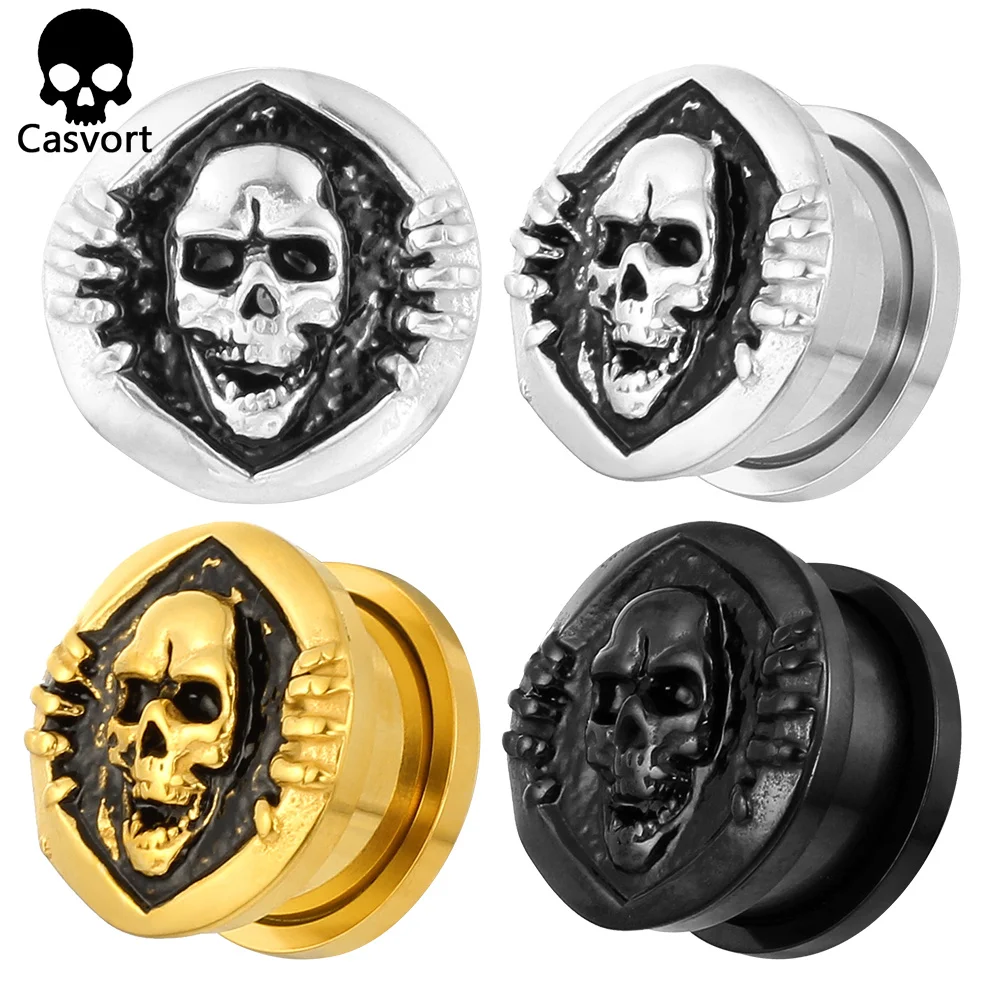 Casvort-Stainless-Steel-Dark-Skull-Ear-Gauges-Plugs-Tunnels-Expanders ...