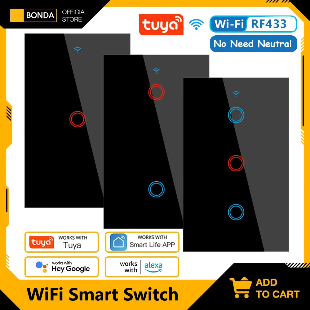 Tuya WiFi Smart Light Switch RF433 No Neutral Wire Required Wall Touch Sensor Switch Voice ...