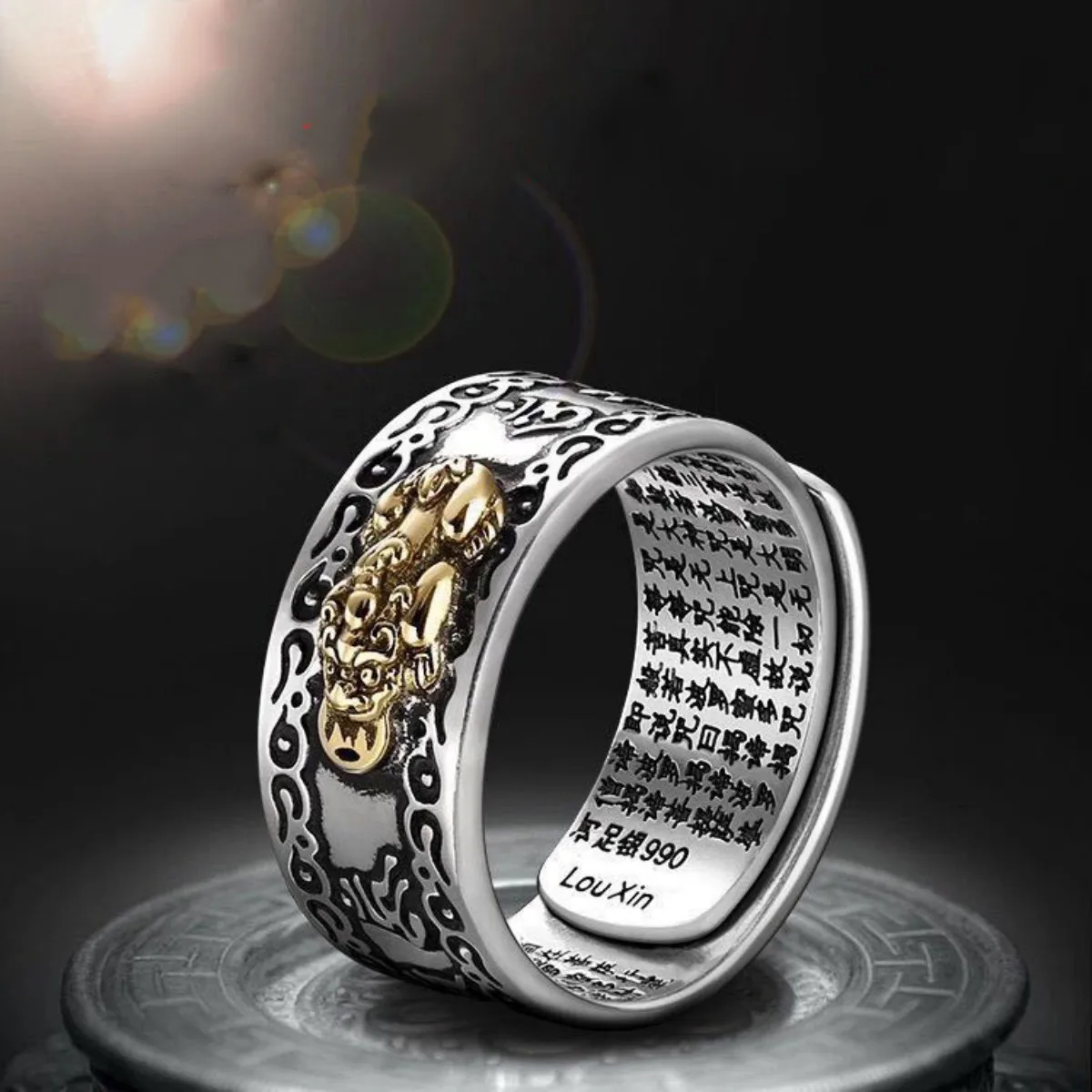 Chinese Feng Shui Pixiu Ring Silver Plated Copper Coins Adjustable ...