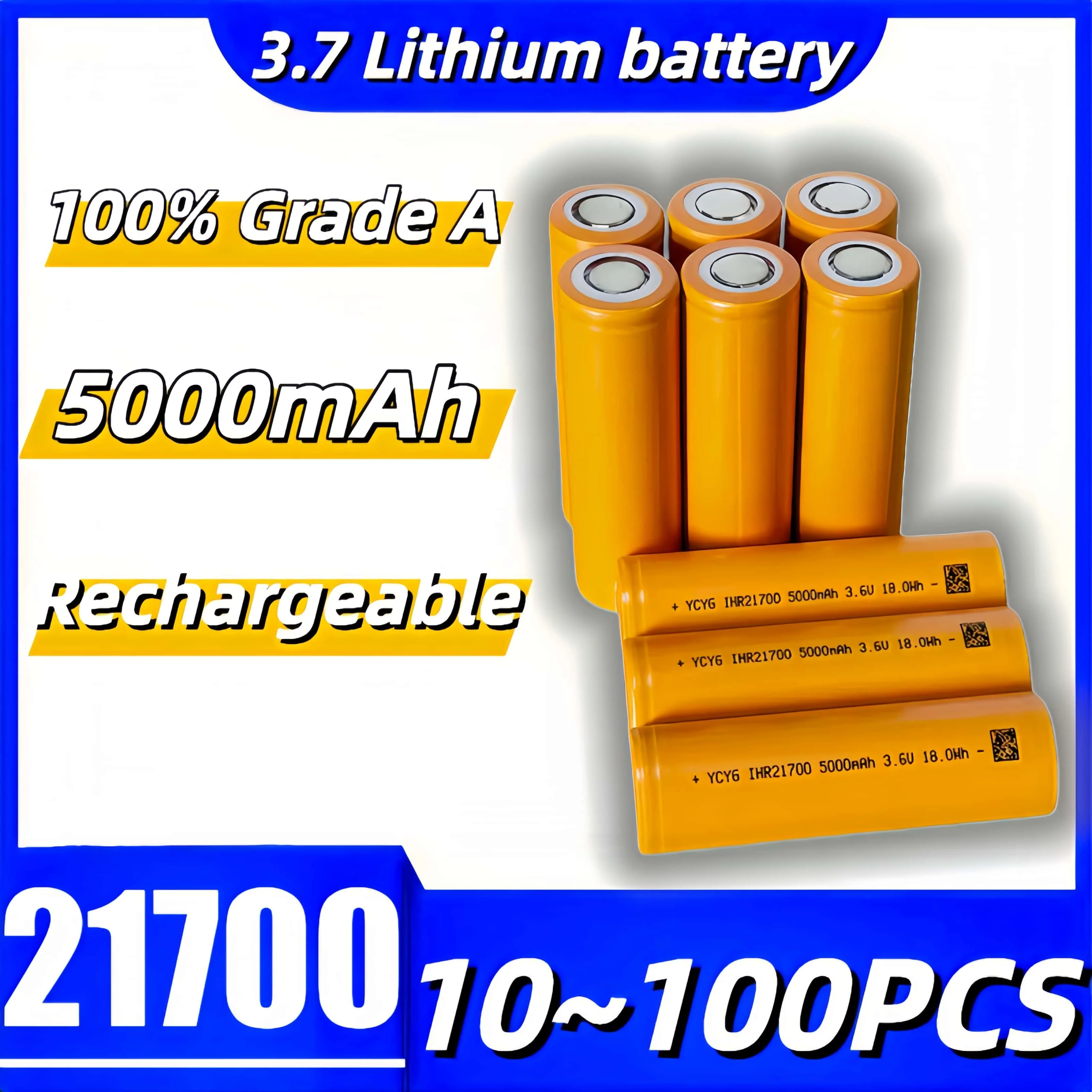 10-100pcs 21700 5000mAh 3.7V Lithium Ion Rechargeable Battery 10C ...