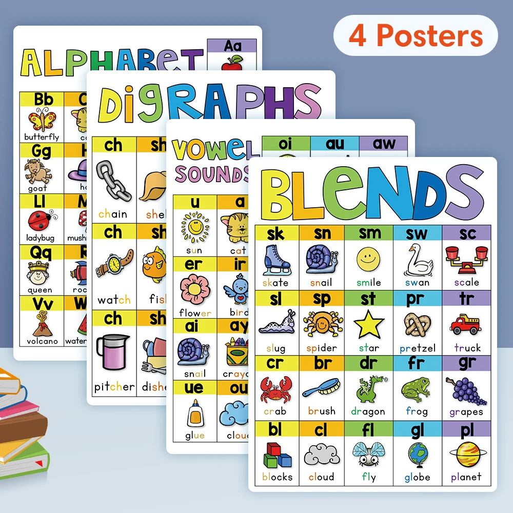 4Pcs-Set-Children-English-Phonics-A4-Posters-Alpphabet-Vowel-Blends ...