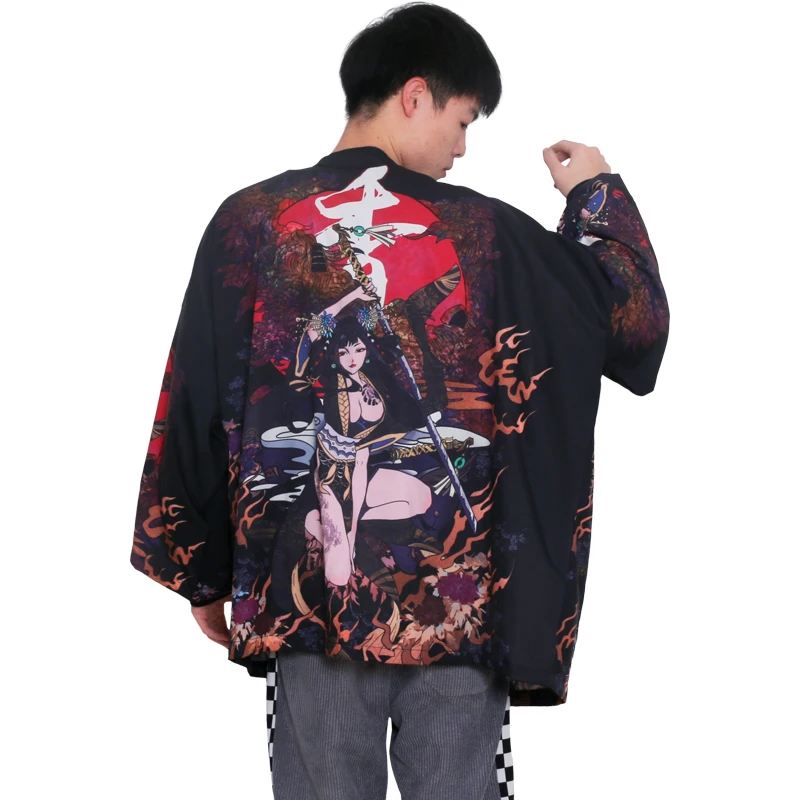 Japanese Kimono Retro Crane Print Thin Coat Haori Hanfu Suit Cloak Men ...