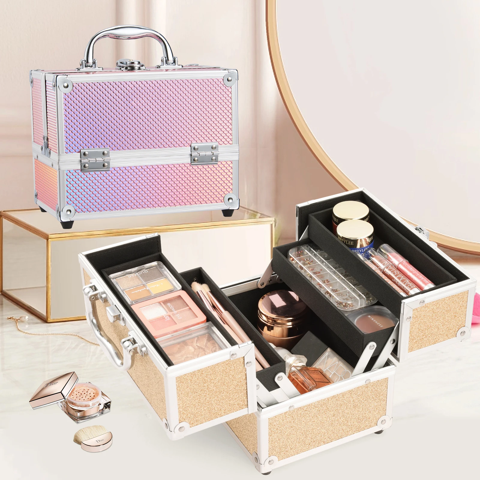 Portable-Makeup-Box-Lock-Mermaid-Alloy-Cosmetic-Case-with-4-Trays-Girl ...