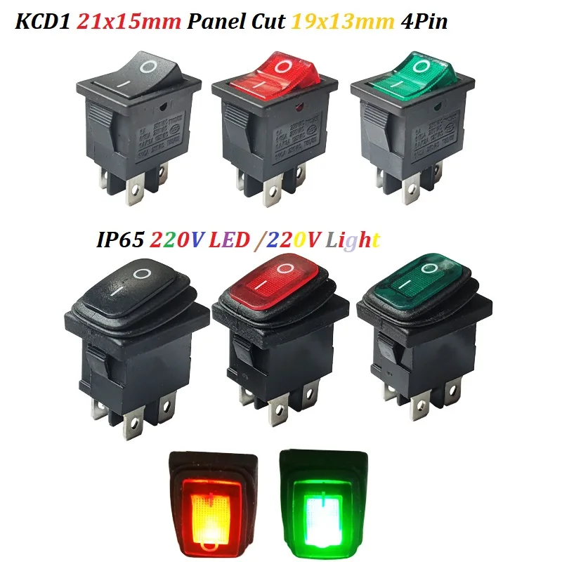 3PCS-4Pin-Rectangle-Rocker-Switch-IP65-With-Red-Green-Light-6A-250V ...