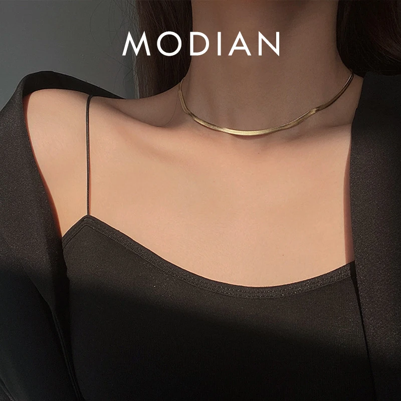 MODIAN 925 Sterling Silver Simple Snake Chain Necklace Trendy Gold Color Neck Chain For Women ...