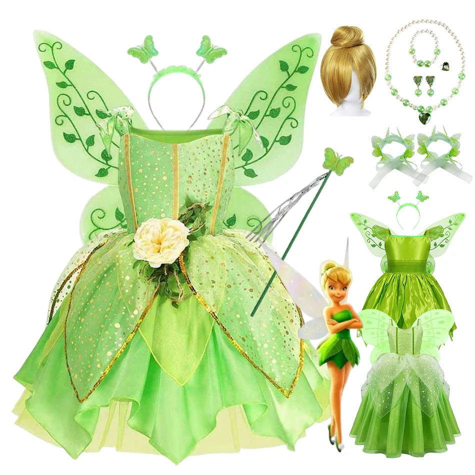 Disney Girls Tinker Bell Costume Kids Green Fairy Princess Tinkerbell ...