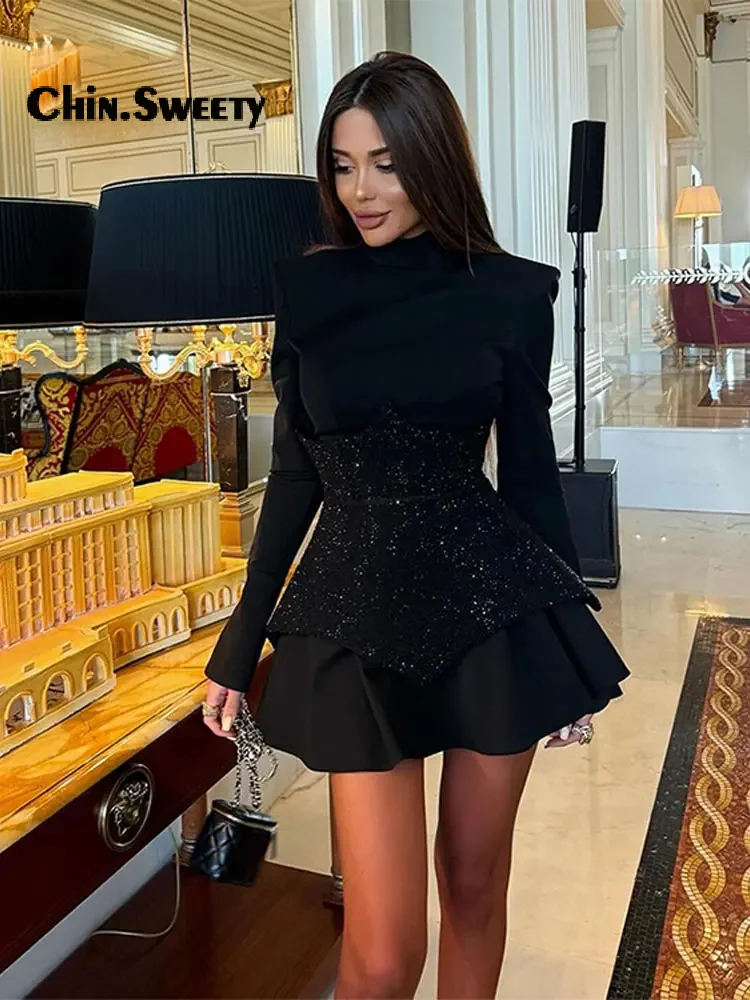 Fashion-Black-Sequin-Prom-Mini-Dresses-For-Women-Chic-O-Neck-High-Waist ...