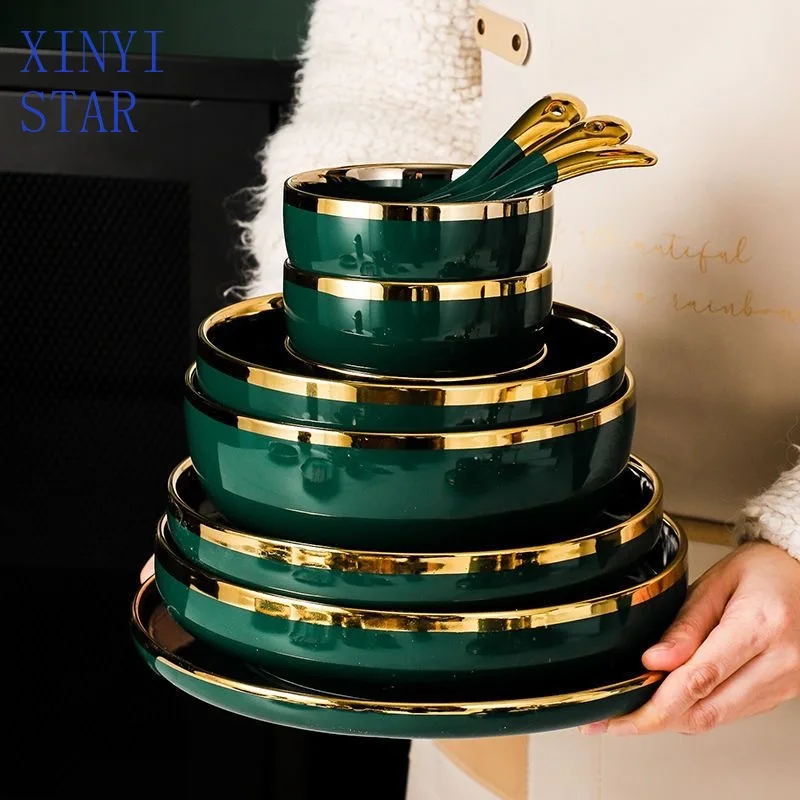 Ceramic Dinner Plates Dinnerware Set Dishes Luxury Green Food Plate Set ...