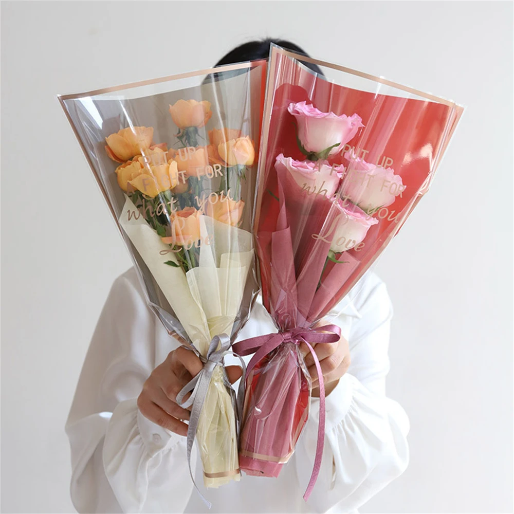 50PCs Rose Bouquet Wrapping Sleeve Plastic Bags Waterproof Valentine's ...