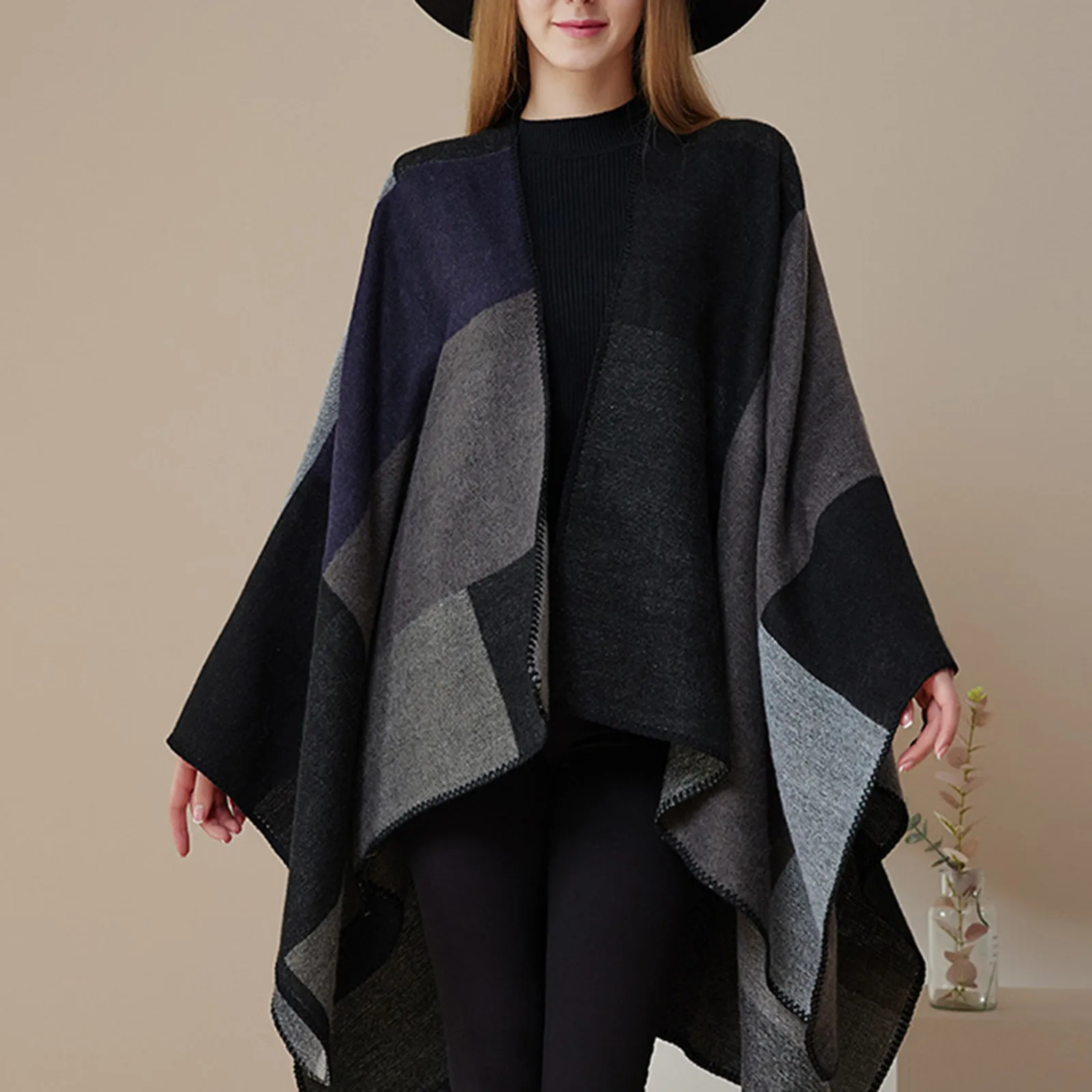 Women-s-Plaid-Shawl-Thicken-Winter-Wraps-Cape-Fleece-Scarf-Coat-Open ...