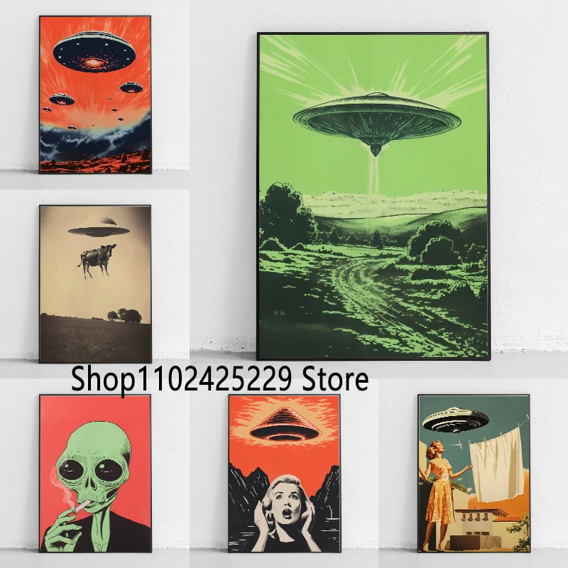 UFO-Flying-Saucer-Alien-Art-Print-Poster-Canvas-Printing-Retro-UFO-Wall ...