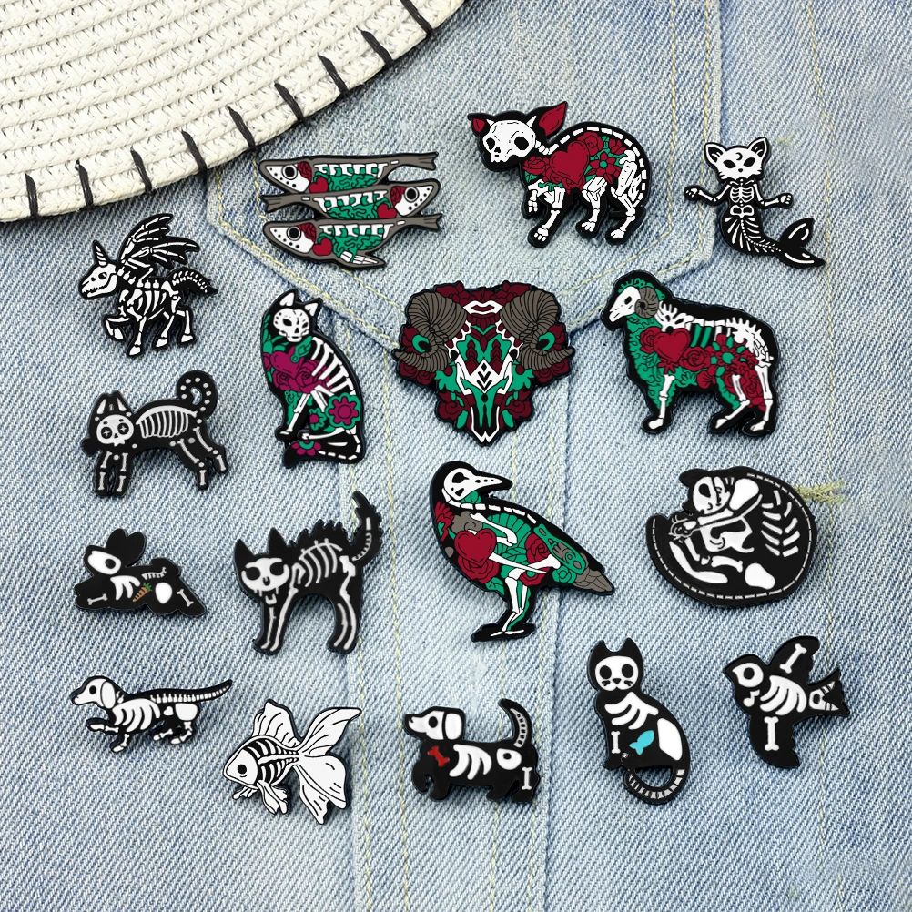 Personality Punk Skeleton Animal Enamel Pin Colorful Cat Dog Sheep Bird ...