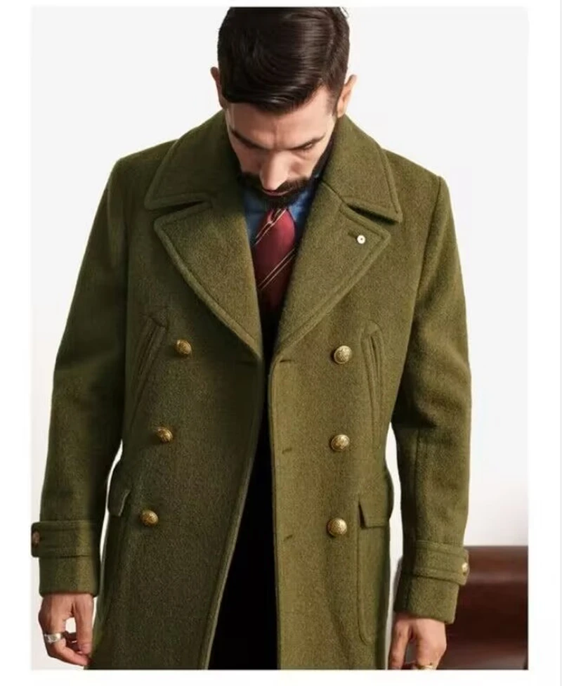 High-Quality-Wool-Long-Man-Trench-Coat-Autumn-Winter-Green-Double ...