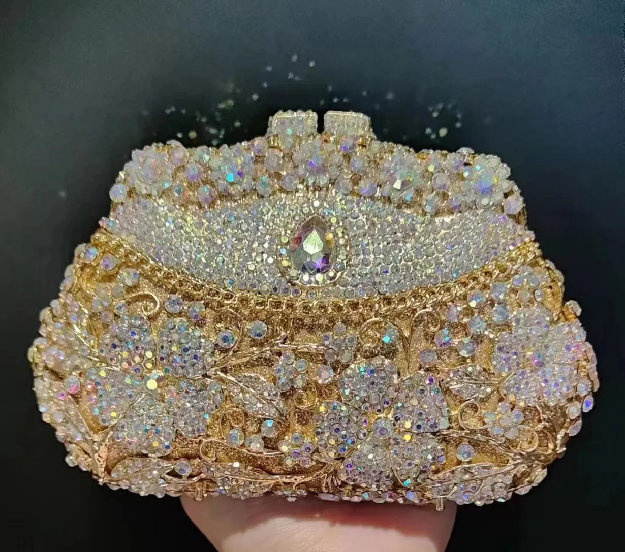 Gold Metal Flower Diamond Evening Bag Women Crystal Wedding Purse Party ...