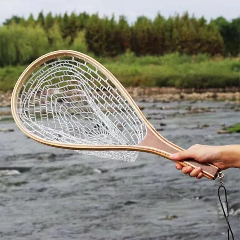 Fly-Fishing-Hand-Net-Solid-Wood-Silicone-Net-Fly-Fishing-Stream-Net ...