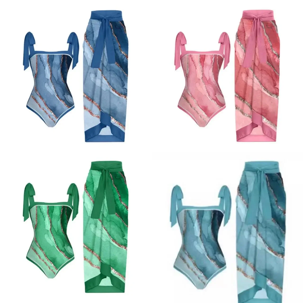 One-Piece-Swimsuit-Women-Marble-Ripple-Print-Bikini-Suit-Sexy-High ...