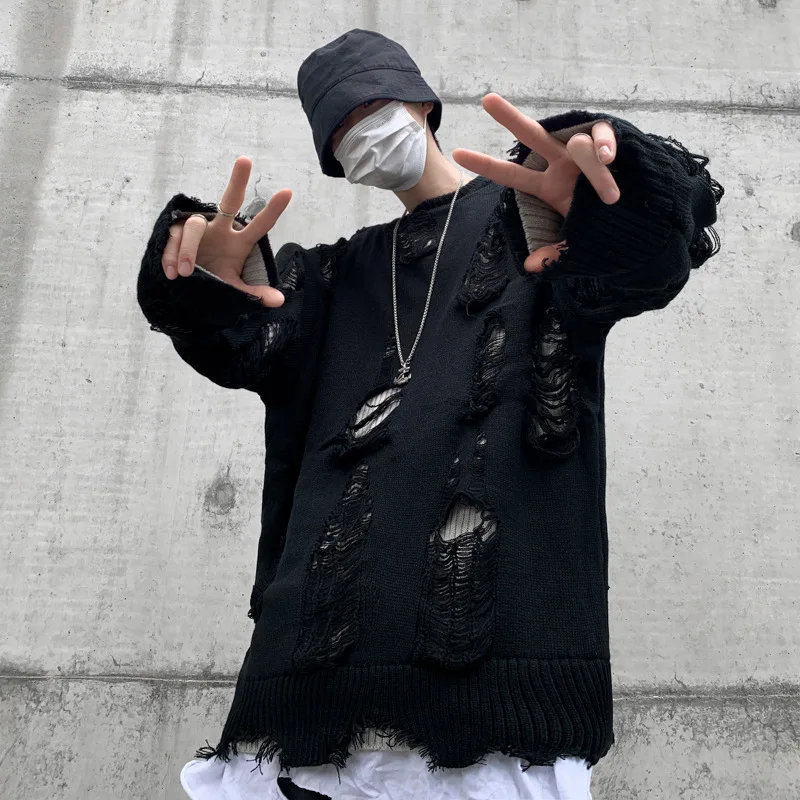 Suéter de punto para hombre, Jersey de estilo Hip Hop, rasgado, con ...