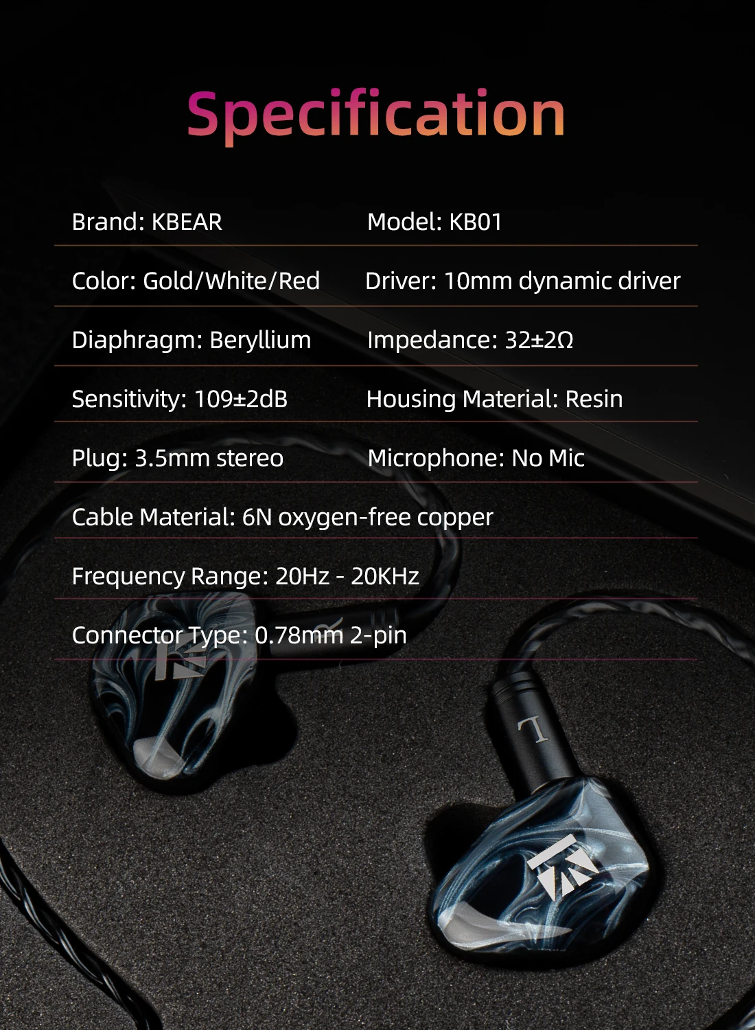 【KBEAR KB01】 Headphones 10MM Beryllium Diaphragm Dynamic Drivers Earph