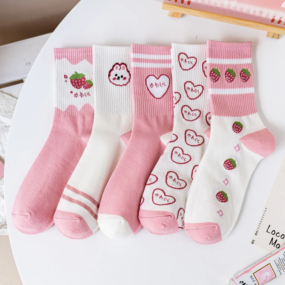 5-Pairs-Cute-Pink-Strawberry-Women-Socks-Cartoon-Rabbit-Fashion-Cotton ...