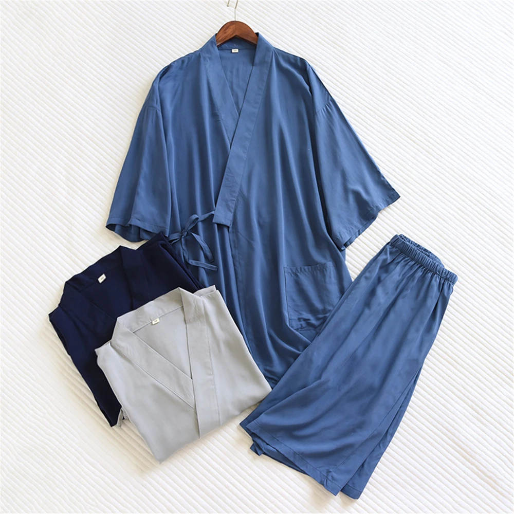 2022-New-Men-Traditional-Japanese-Pajamas-Set-Viscose-Fiber-Robe-Shorts-Cotton-Kimono-Nightgown ...