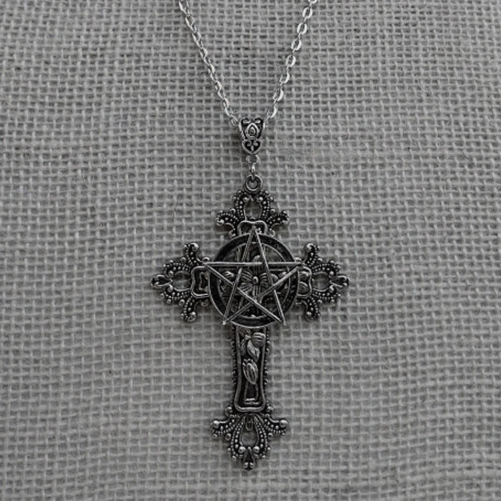 Large Cross Pentacle Pentagram Necklace Pendant Floral Filigree ...