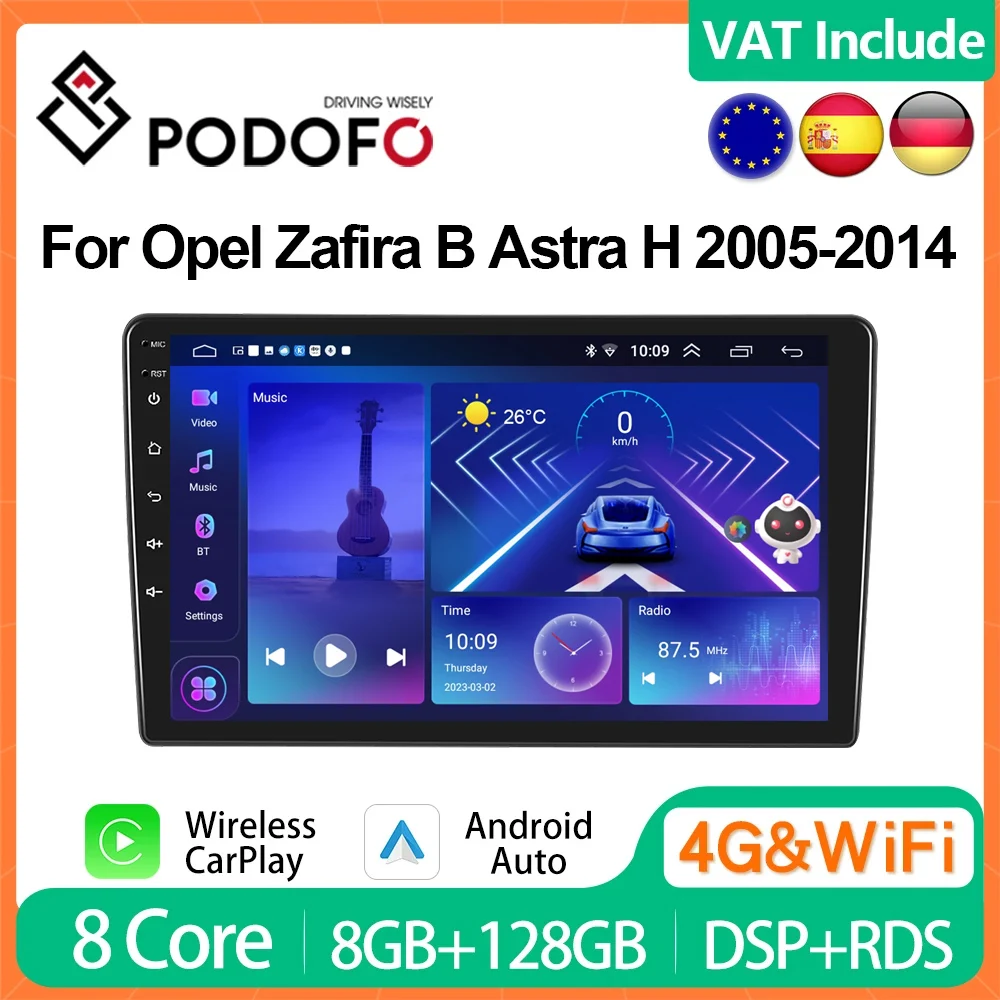 Podofo 8g+128g Carplay Android Radio For Opel Zafira B Astra H 2005-2014 Car Multimedia Player ...