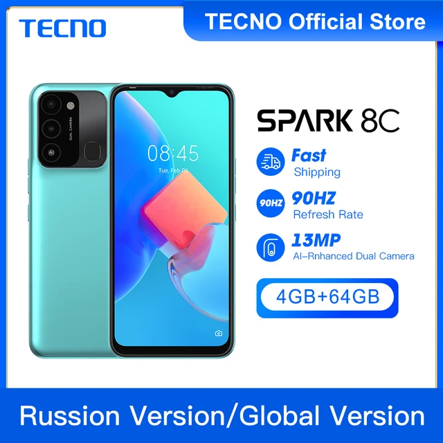 NEW Original TECNO SPARK 8C 4+ 64GB Mobile Smartphone Unisoc T606 Battery 5000mAh HD+ 6.6" Cell ...