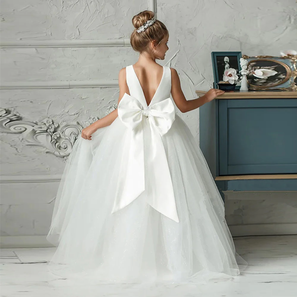 Girl Long White Bridesmaid Dresses For Wedding Prom Gown Big Bow Girls ...