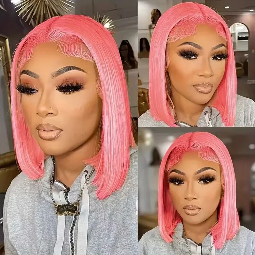 Straight-Short-Bob-Wig-Rose-Pink-Lace-Front-Human-Hair-Wigs-Colored ...