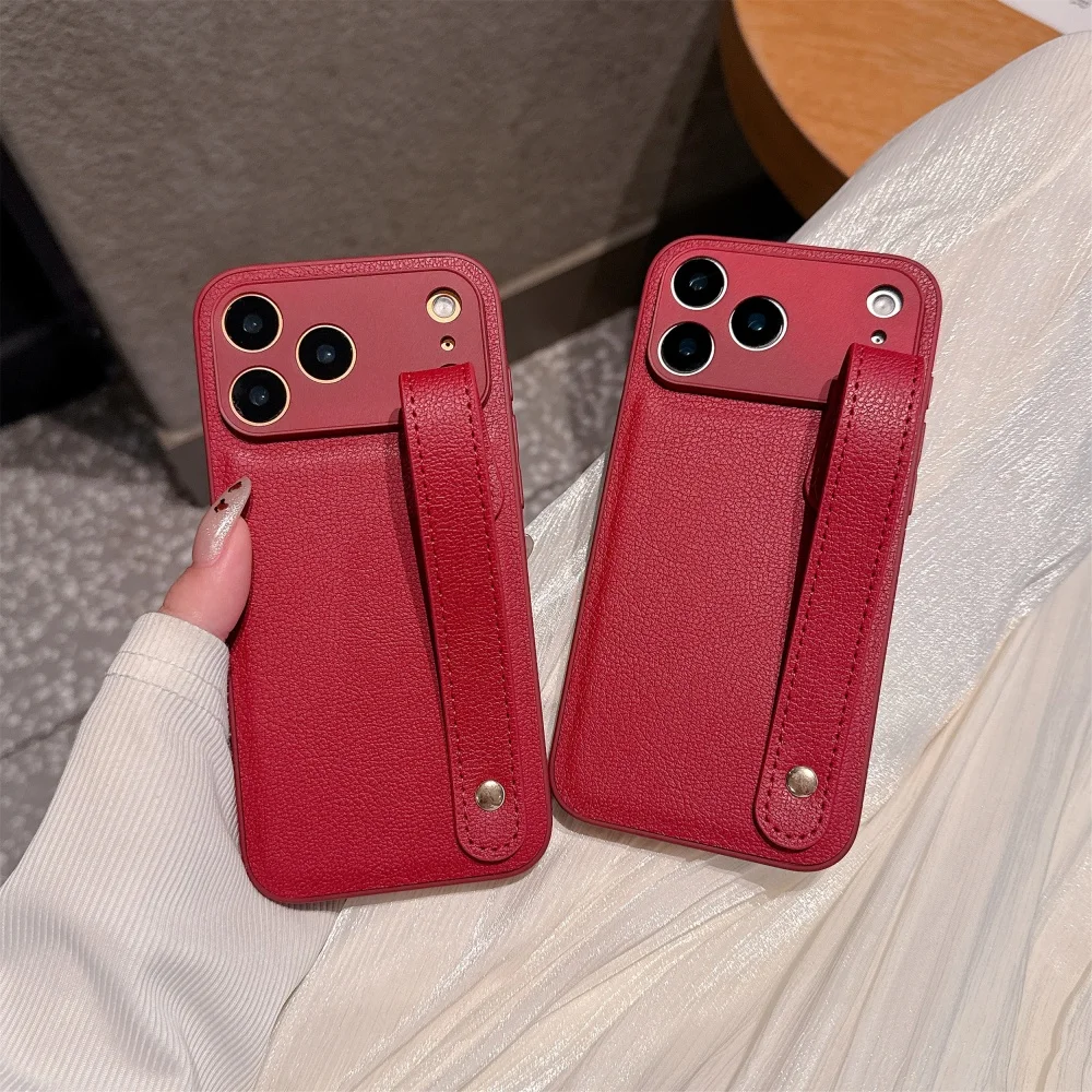 Matte Leather Handheld Wristband Phone Case For iPhone 17 Air 16 15 14 ...