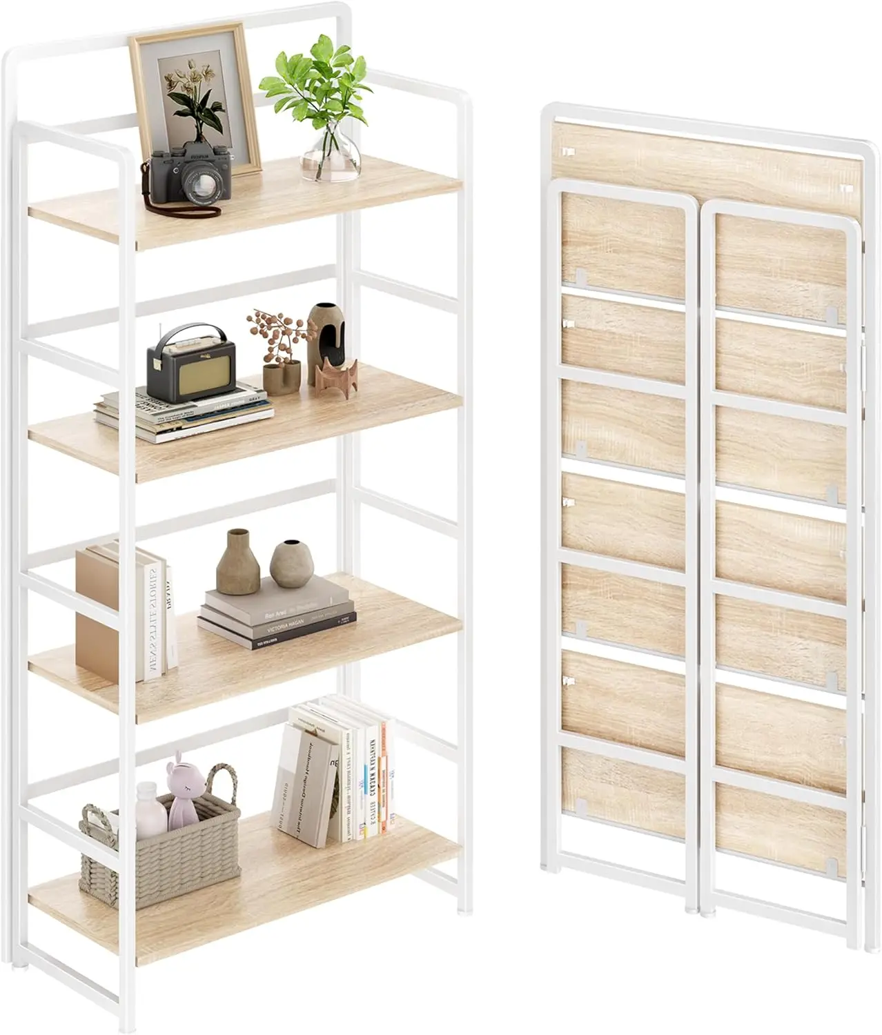 No Assembly Folding Bookshelf, 4 Tiers Collapsible Book Shelf For Home ...