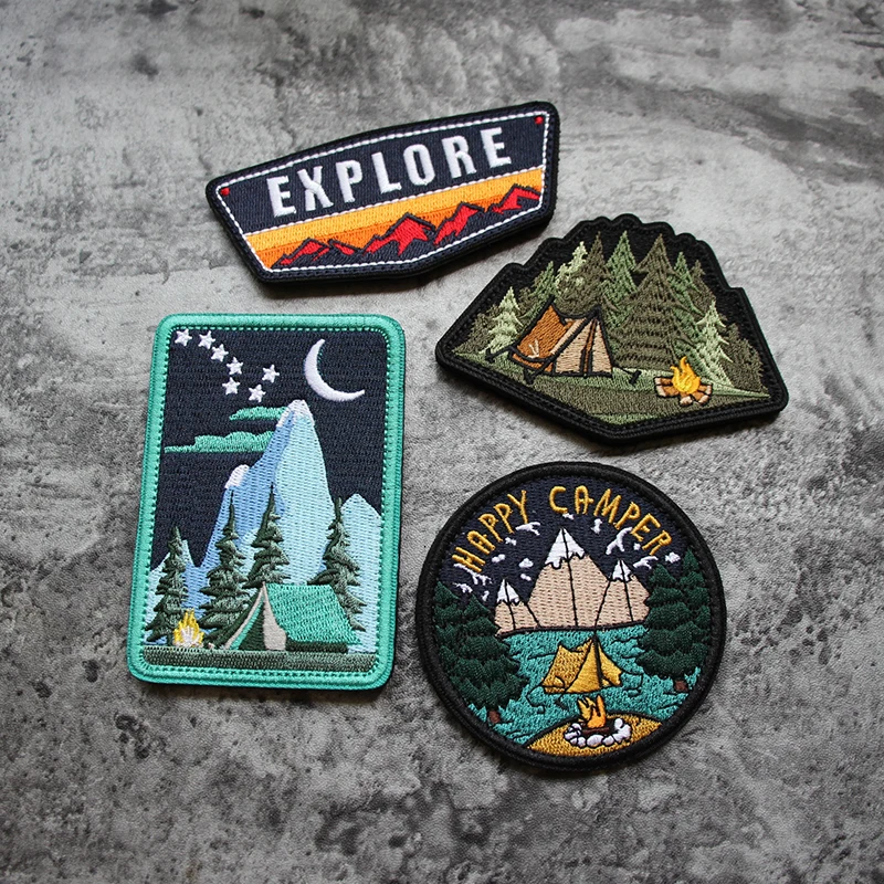 New HAPPY CAMPER 3D Embroidered Hook Patches Outdoor All Terrain Scenery Morale Badge Camping ...