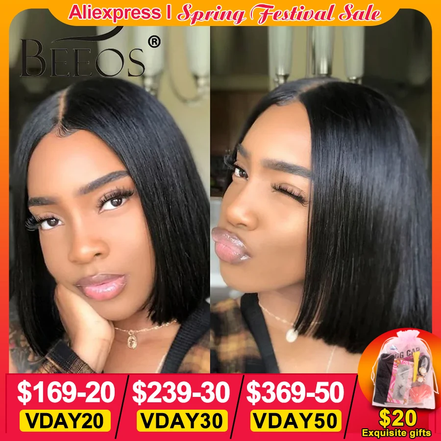 BEEOS 2x6 HD Lace Closure Wigs Straight Short Bob Wig Skinlike ...