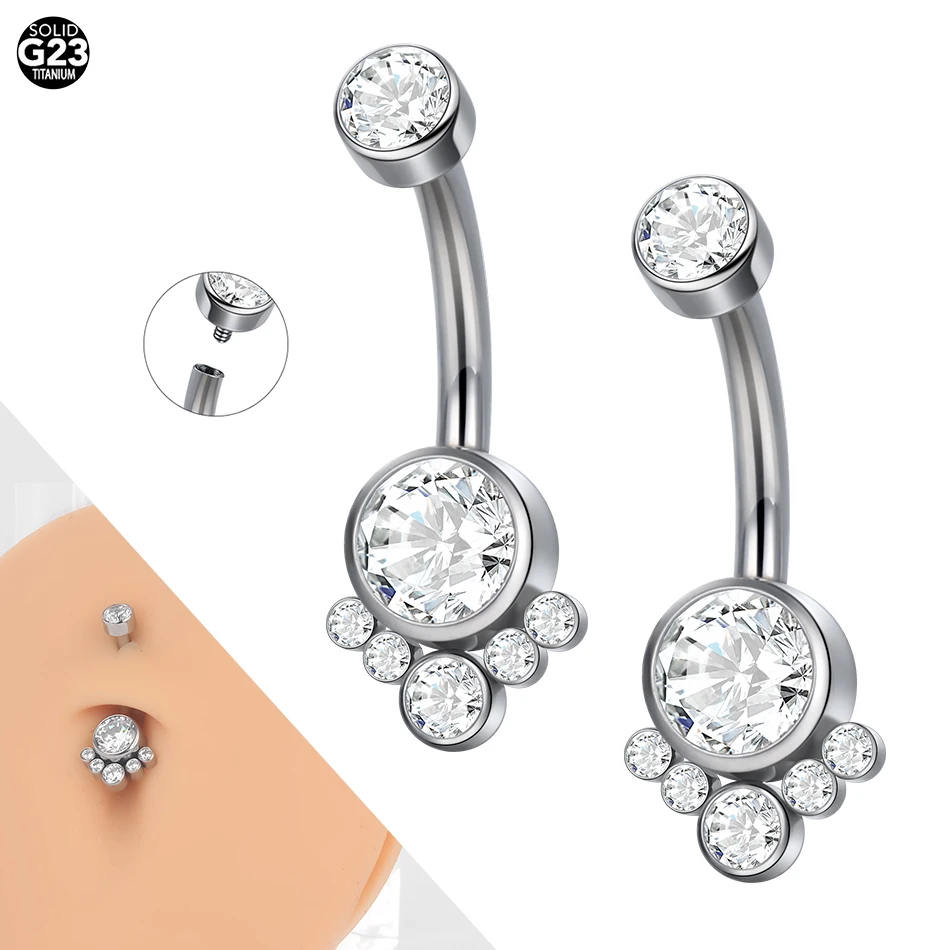 1/5PCS Titanium Navel Rings Internal Thread Bezel Set CZ Gem Belly ...