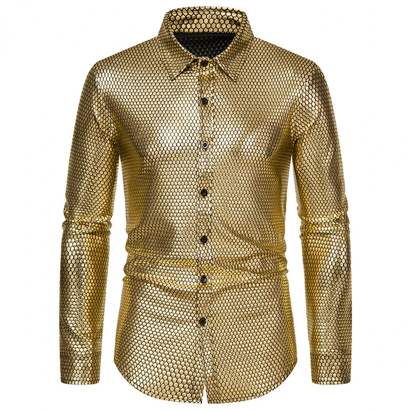 Men's Fashion Long-sleeved Shirt Rhombus Hot Gold Print Button Tuxedo ...