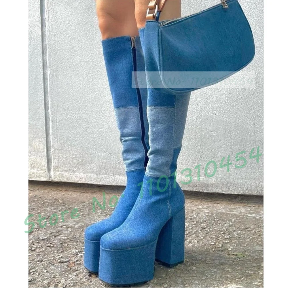 Paneled Denim Platform High Boots Women Bicolor Style Block High Heel ...