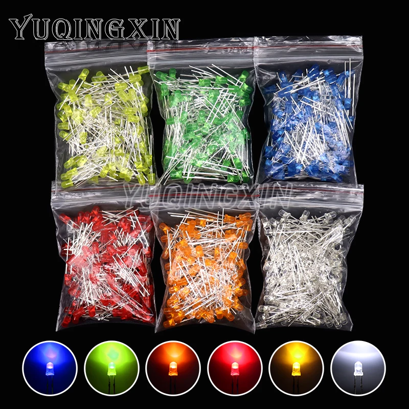 100pcs-3mm-LED-Diode-F3-Assorted-Kit-White-Green-Red-Blue-Yellow-Orange ...