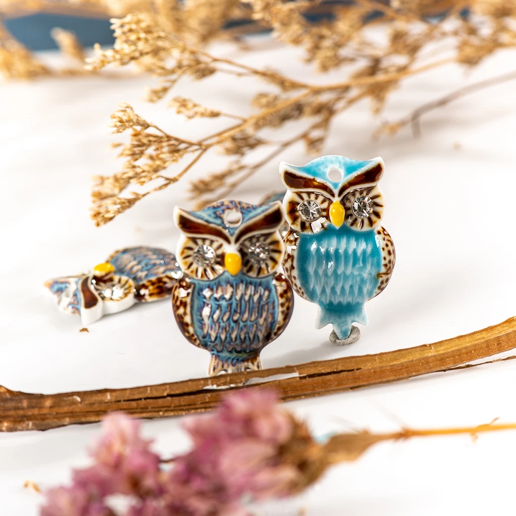 Exquisite-Rhinestone-Owl-Ceramic-Porcelain-Pottery-Beads-Pendant ...