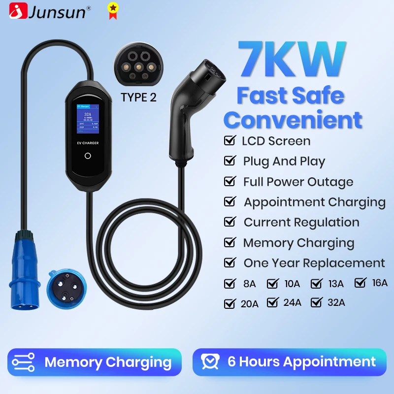 Junsun-cargador EV tipo 2 para vehículo eléctrico, caja de carga rápida ...