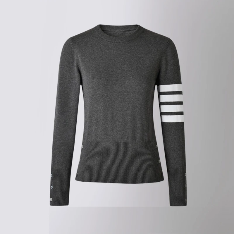 Tb Thom 여성용 니트 스웨터 슬림 솔리드 캐주얼 코트 하라주쿠 스트라이프 4 바 풀오버 가을 패션 브랜드