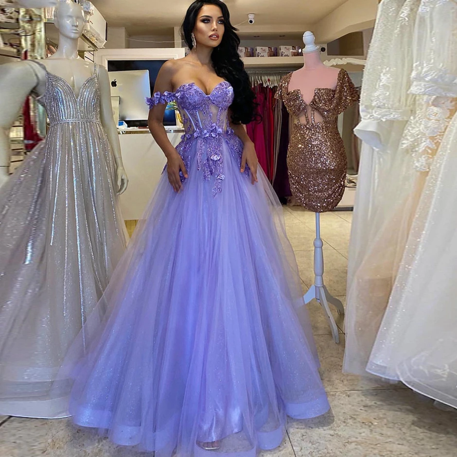 Shiny Purple Tulle Flower Prom Dresses A Line Off The Shoulder Lace ...