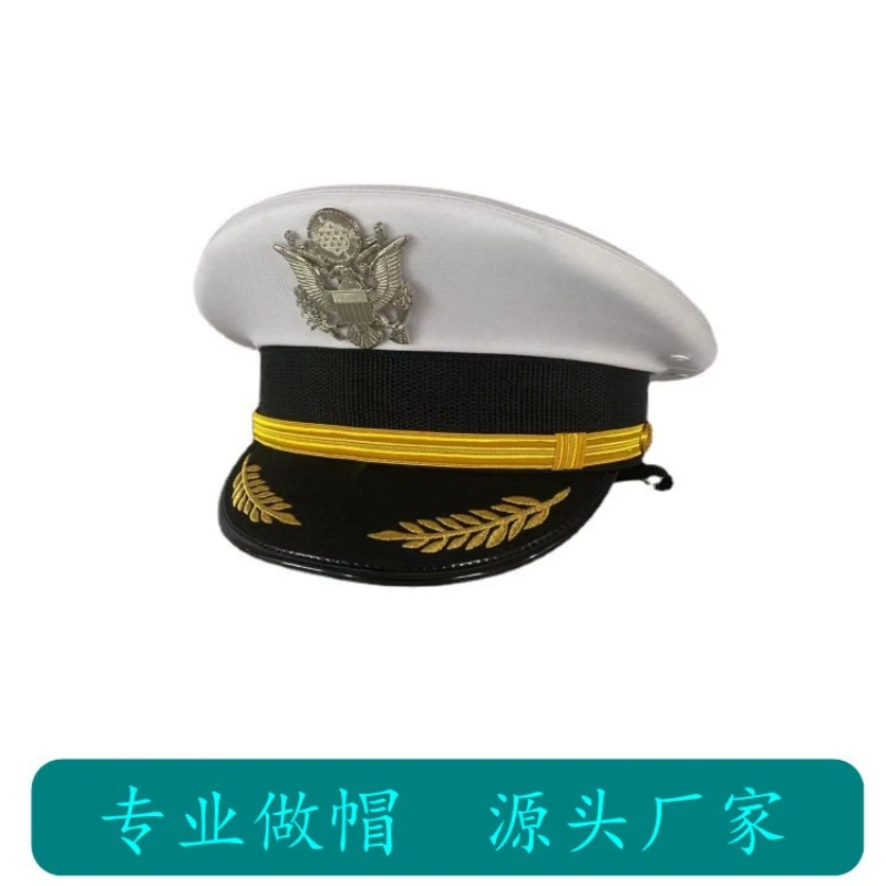 White Military Pilot Cap with Golden Badge For Security Guard Sailor ...