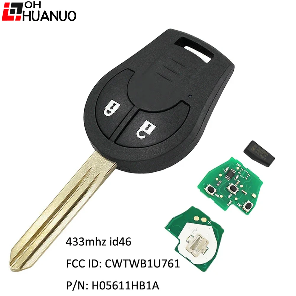 2-Button-Remote-Car-Key-Fob-433MHz-ID46-Chip-for-NISSAN-Micra-K14-2010 ...
