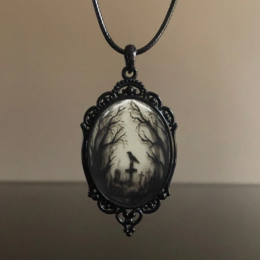 Vintage-Goth-Raven-Cross-Oval-Glass-Pendant-Necklace-For-Women-Men-2022 ...