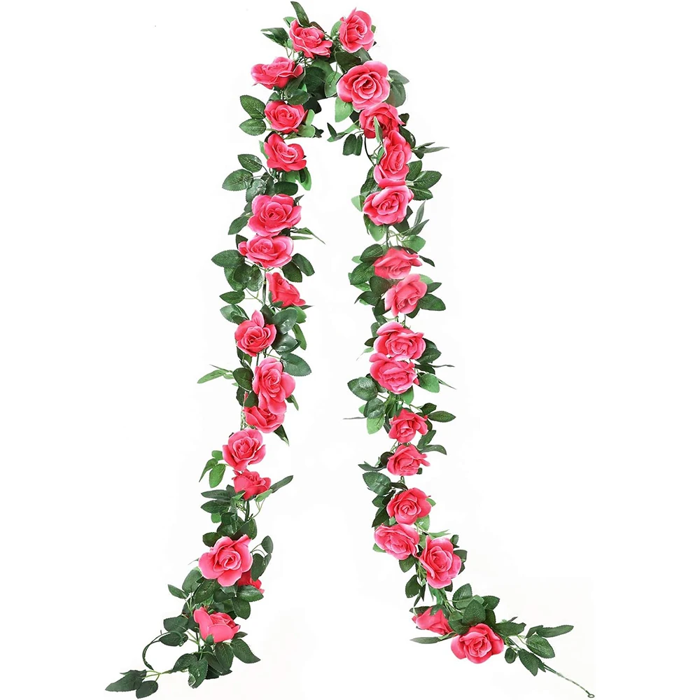 1-8m-Silk-Artificial-Roses-String-Flowers-Rattan-Vine-with-Green-Leaves ...
