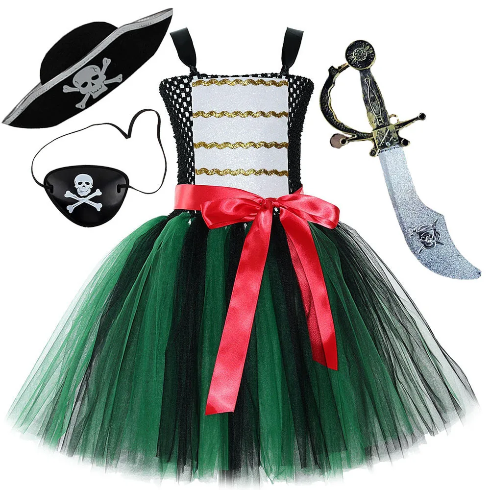 Costumes de pirate noir vert foncé pour filles enfants capitaine de mer ...