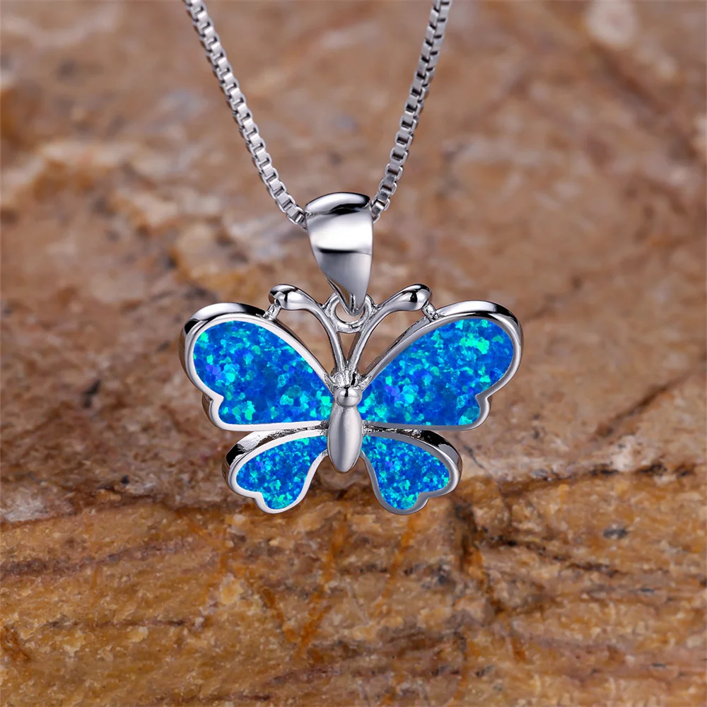 Cute-Female-Butterfly-Pendant-Necklace-White-Blue-Purple-Opal-Stone ...